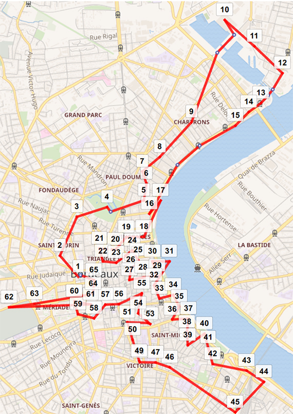 Itinéraire guidé et parcours numéroté pour visiter Bordeaux ( France )